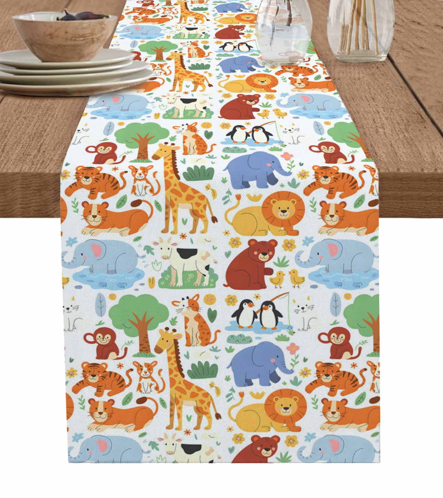 Zoo Animals Table Runner 72 Inches, Cute Funny Elephant Tiger Cartoon ...