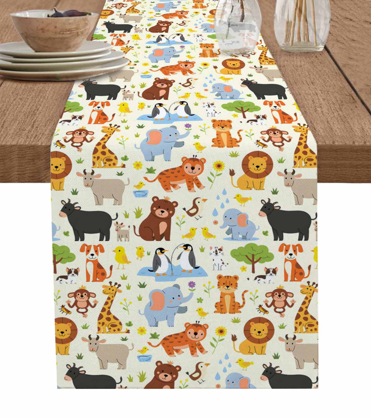 Zoo Animals Table Runner 90 Inches, Cute Funny Cow Lion Cartoon Bed ...