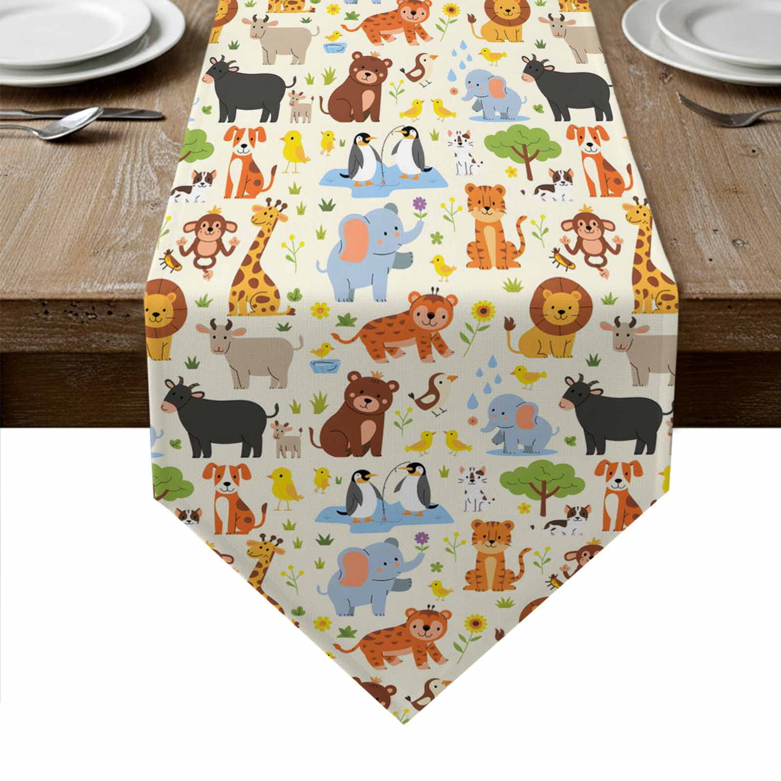 Zoo Animals Table Runner Linen Burlap Table Runner 60 Inches Long Cute ...