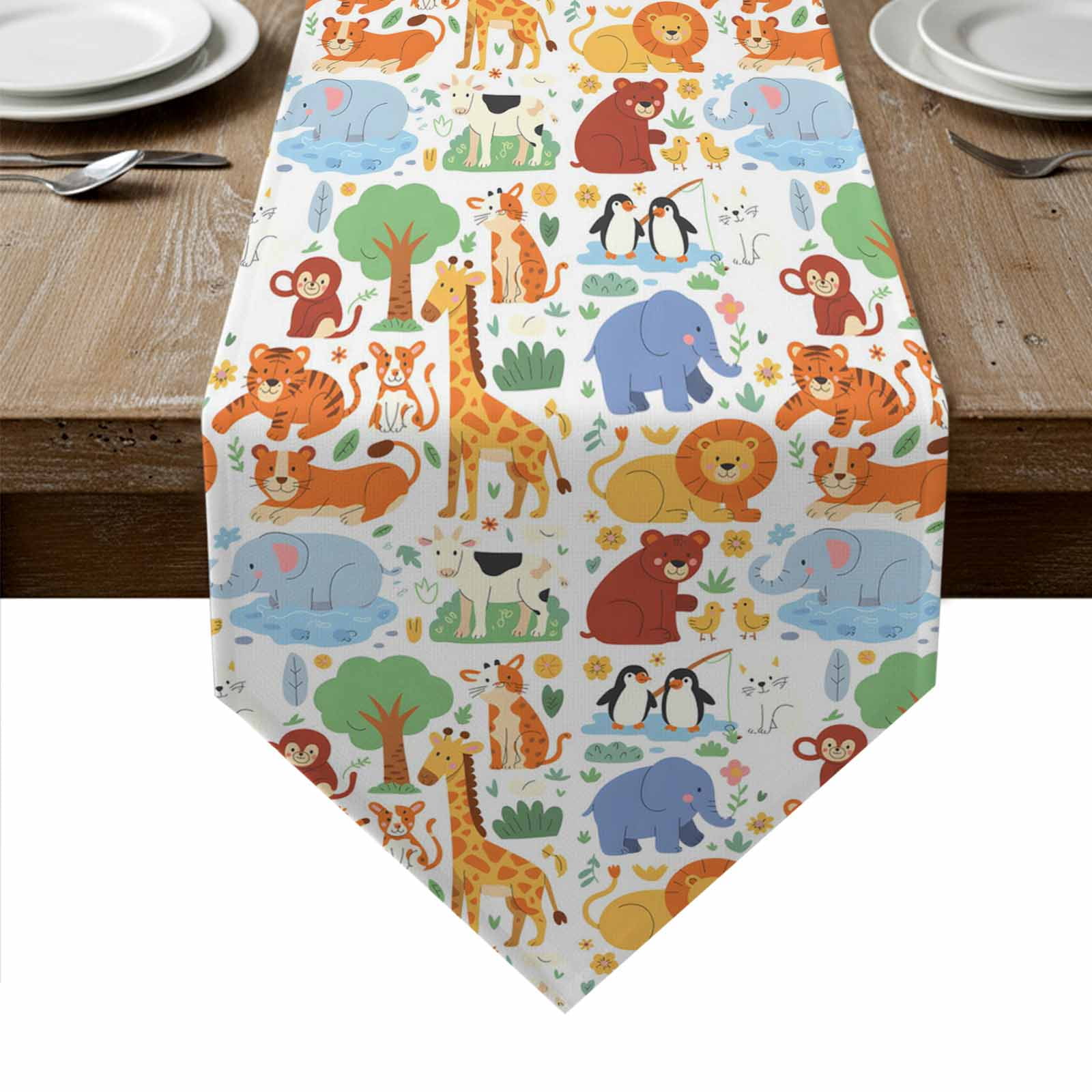 Zoo Animals Table Runner Linen Burlap Table Runner 72 Inches Long Cute ...