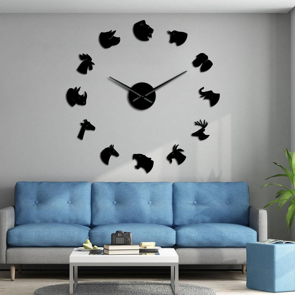 Zoo Animals Wall Art DIY Large Wall Clocks Wildlife Mirror Stickers ...