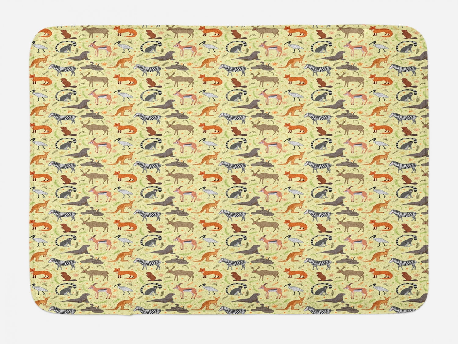 Zoo Bath Mat, Safari Animals Exotic Zebra Fox Beaver Antelope Lemur ...