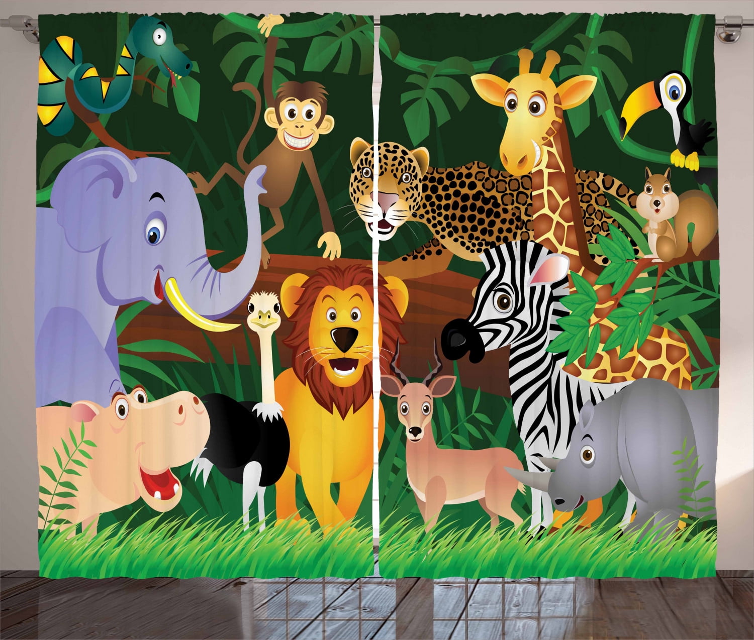 Ambesonne Zoo Curtains 2 Panel Set, Exotic Jungle Cheerful Fun, 108" x ...