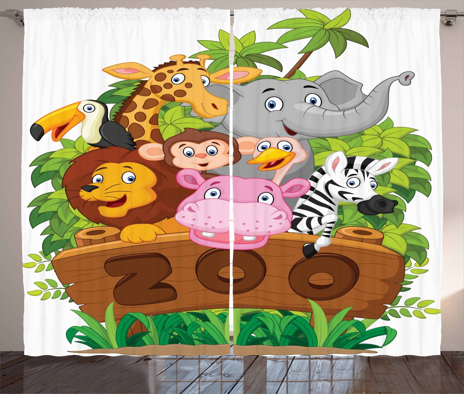 Ambesonne Zoo Curtains 2 Panel Set, Happy Animals Fresh Trees, 108" x ...