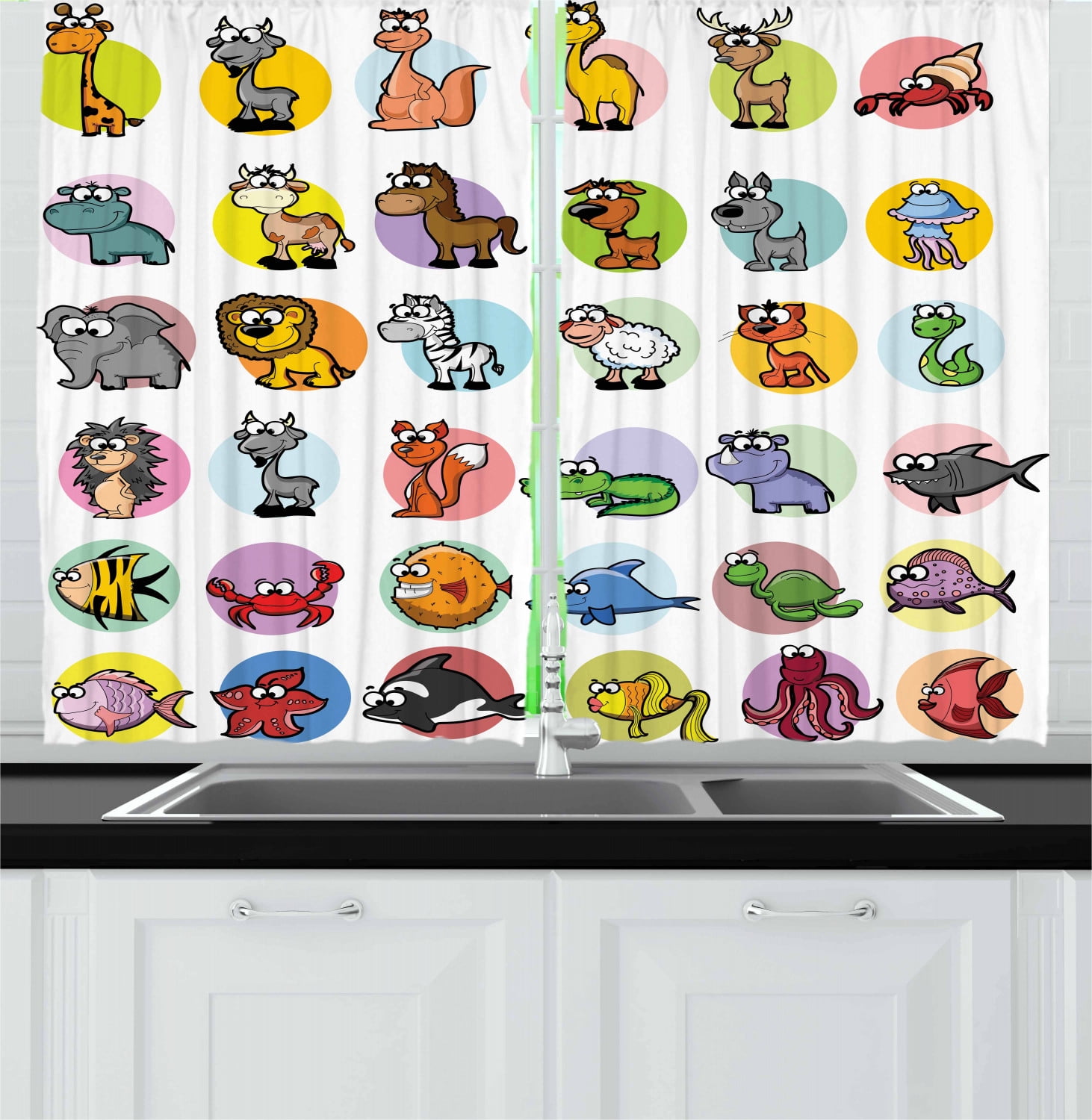 Zoo Curtains 2 Panels Set, Funny Cute Cartoon Style Animals Set ...