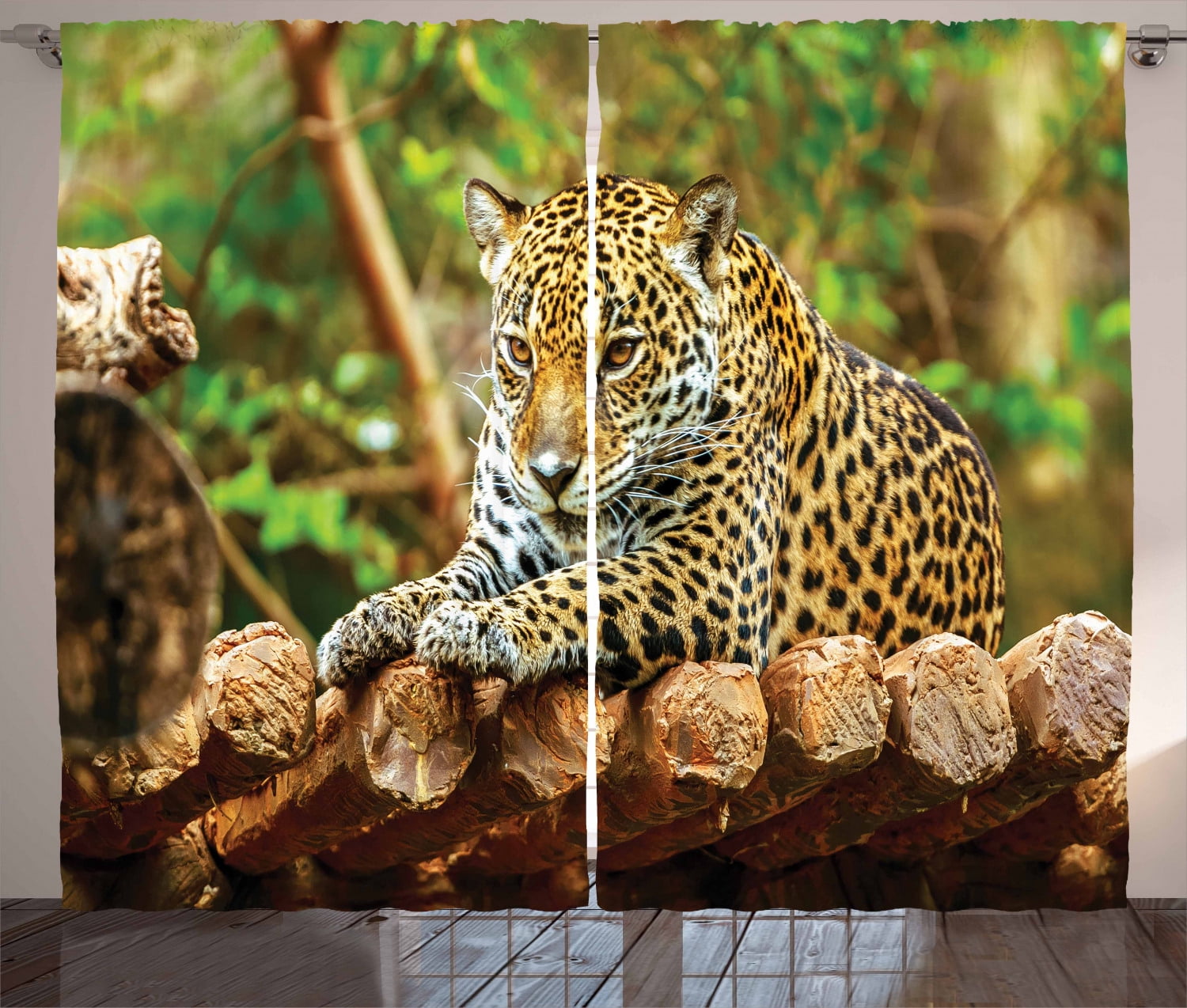 Ambesonne Zoo Curtains 2 Panel Set, Jaguar on Wood Wild Feline, 108" x ...