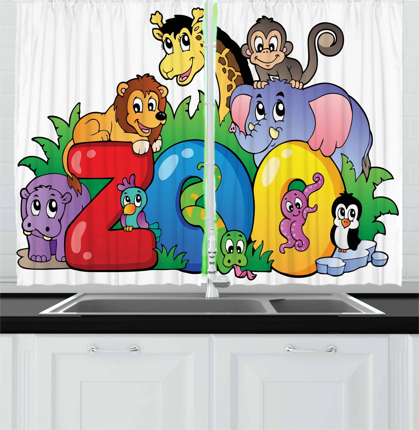 Zoo Curtains 2 Panels Set, Zoo Sign with Various Animals Mascot Cartoon ...