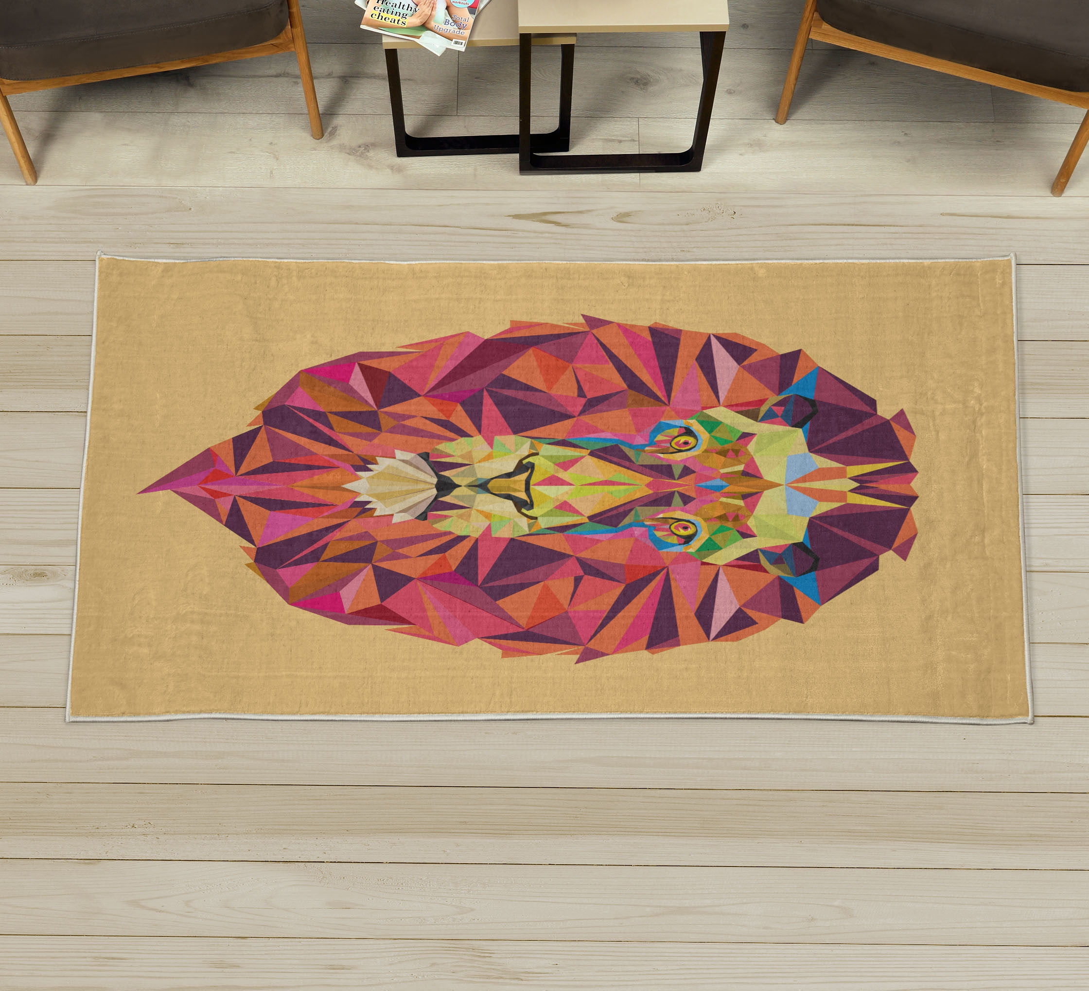 Zoo Decorative Rug, Colorful Animals Geometric Diamond Face Lions Mane ...
