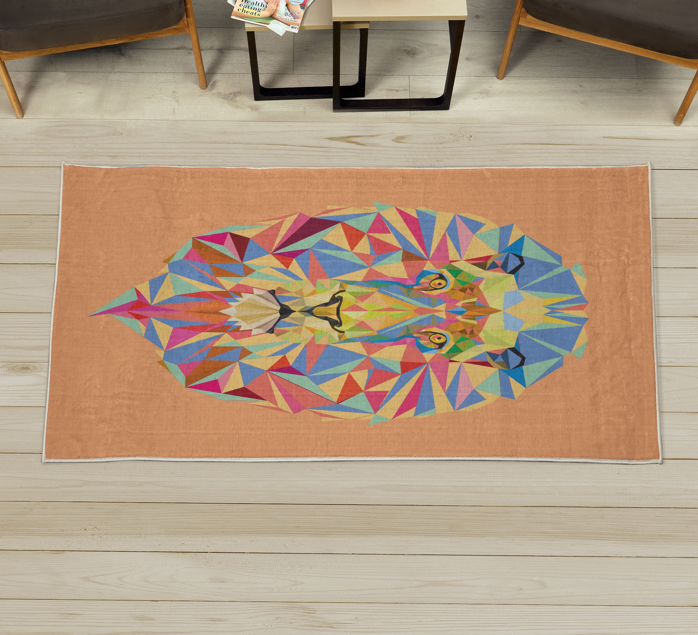 Zoo Decorative Rug, Colorful Animals Geometric Diamond Face Lions Mane ...