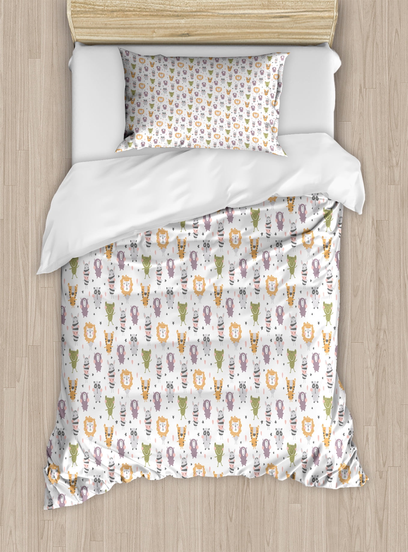 Zoo Duvet Cover Set, Pastel Colorful Savannah Lion Giraffe Zebra Hippo ...