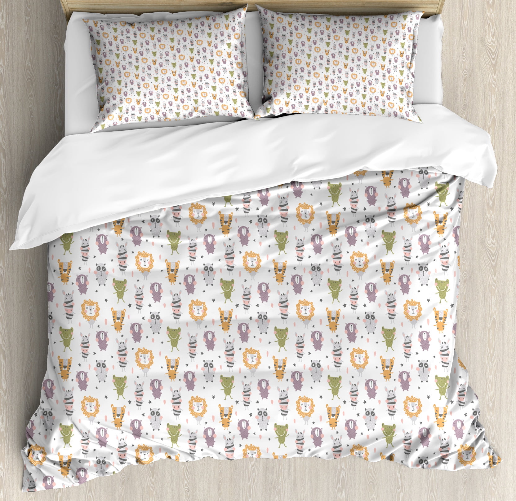 Zoo Duvet Cover Set, Pastel Colorful Savannah Lion Giraffe Zebra Hippo ...