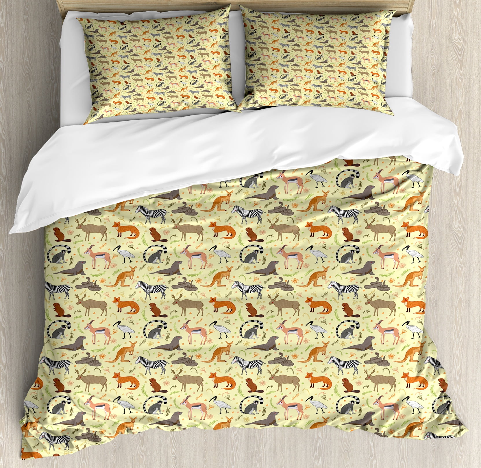 Zoo Duvet Cover Set, Savannah Animal Exotic Zebra Fox Beaver Antelope ...