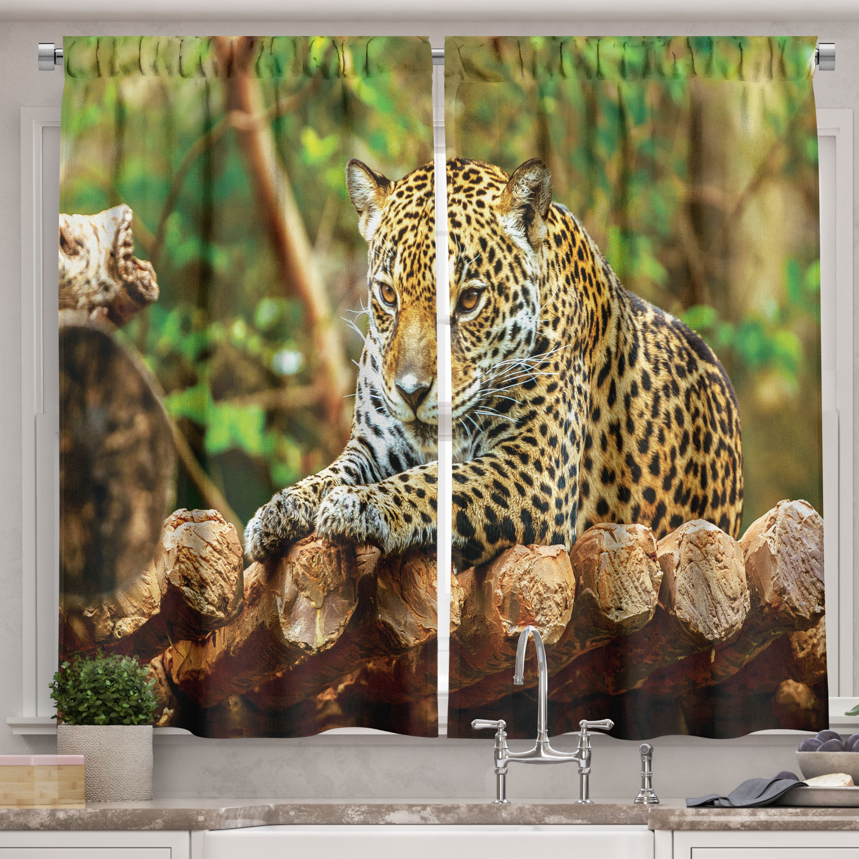 Zoo Kitchen Curtains, Jaguar on Wood Floor Wildlife Animals Feline Big ...