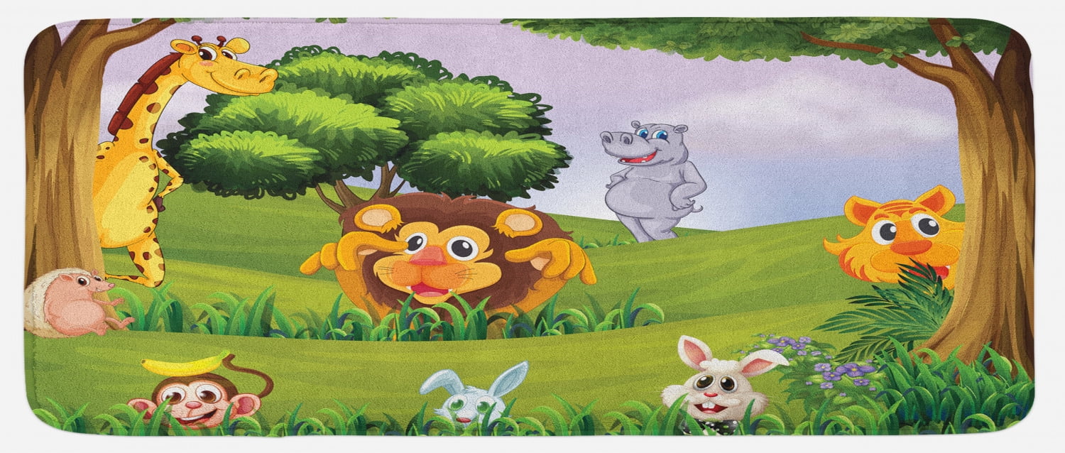 Zoo Kitchen Mat, Animals in the Forest Cartoon Illustration Safari ...