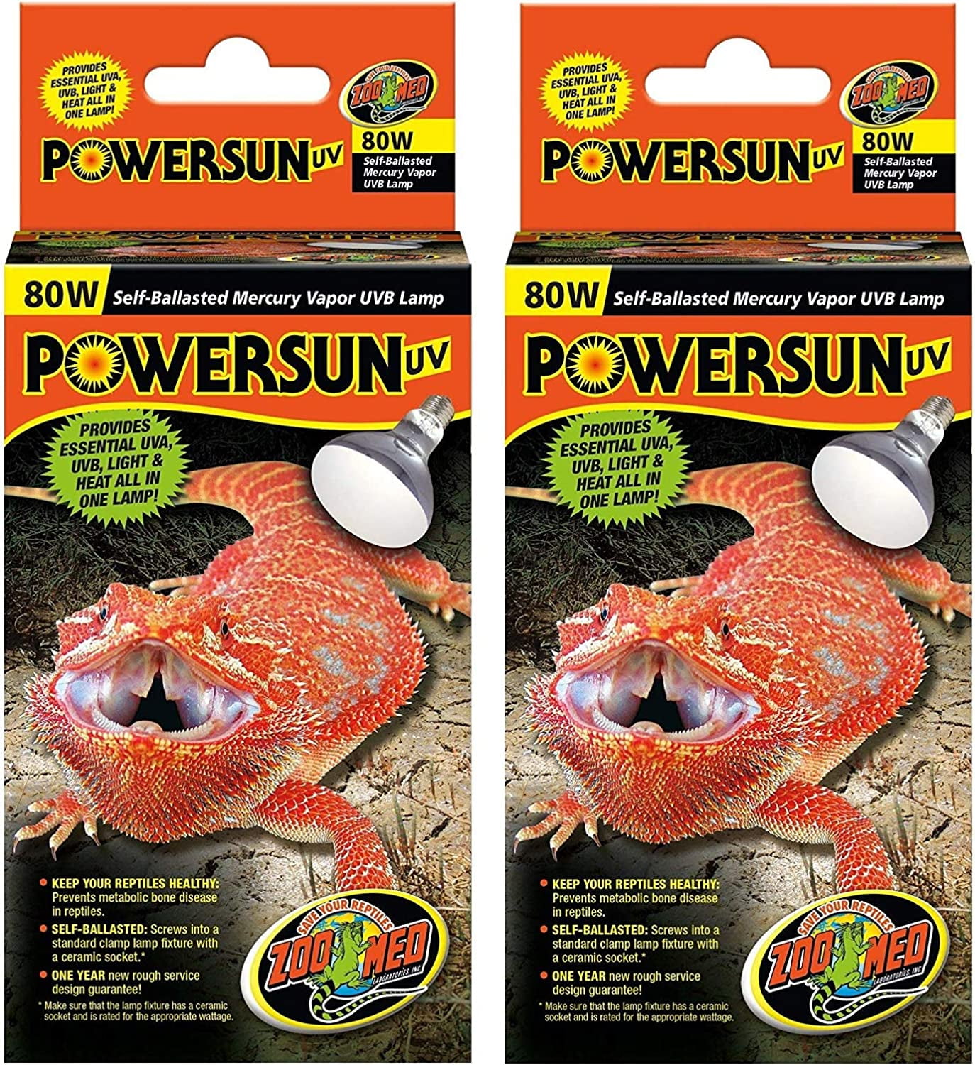 Zoo Med 2 Pack of PowerSun UV Reptile Bulbs, 80 Watts, Self-Ballasted Mercury Vapor UVB Lamp2 ...