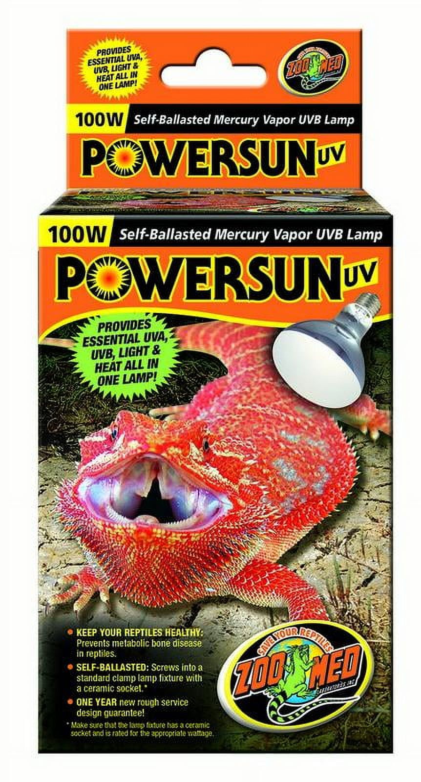 Zoo Med 100W Powersun® UV Lamp - UVB, UVA, Heat Bulb for Terrariums ...