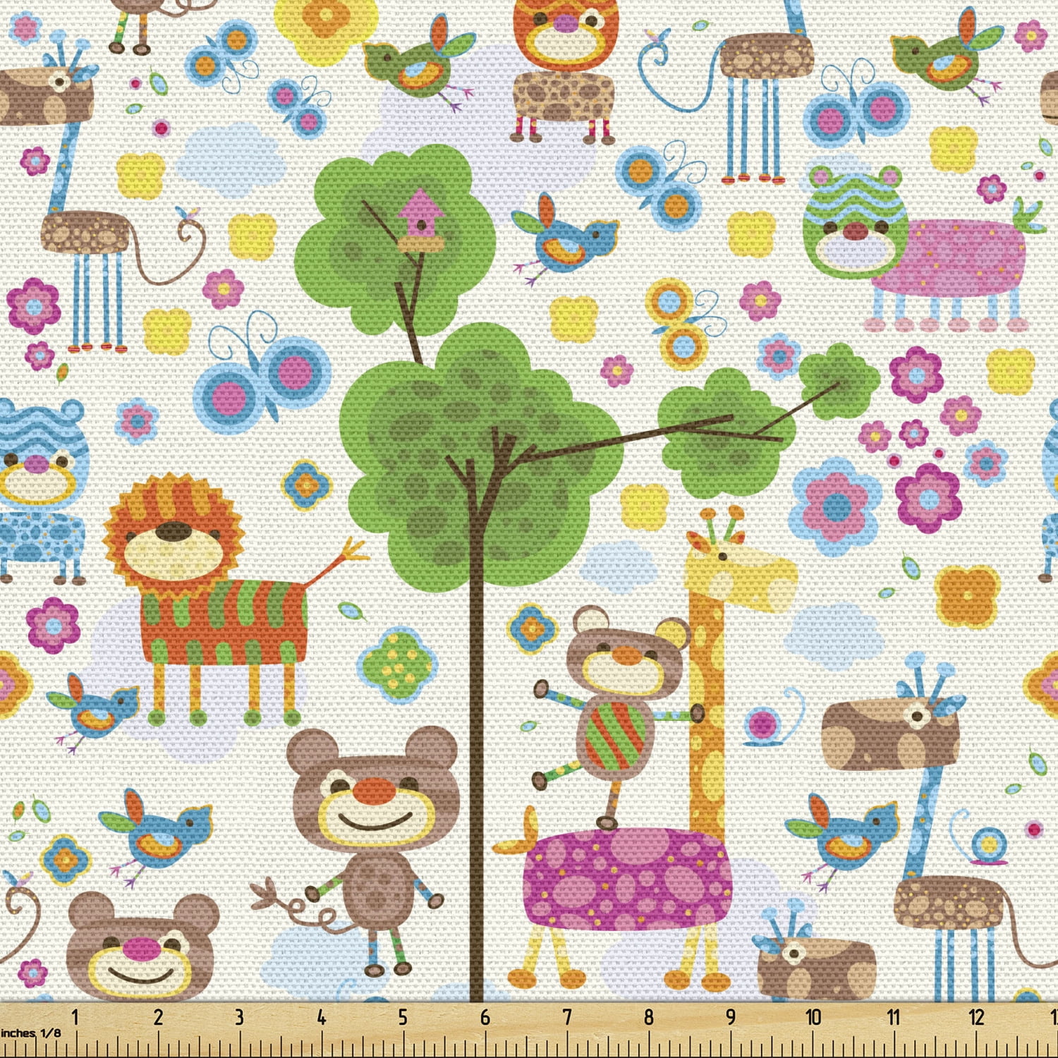 Ambesonne Zoo Fabric by the Yard Upholstery, Happy Jungle Zoo Animals ...