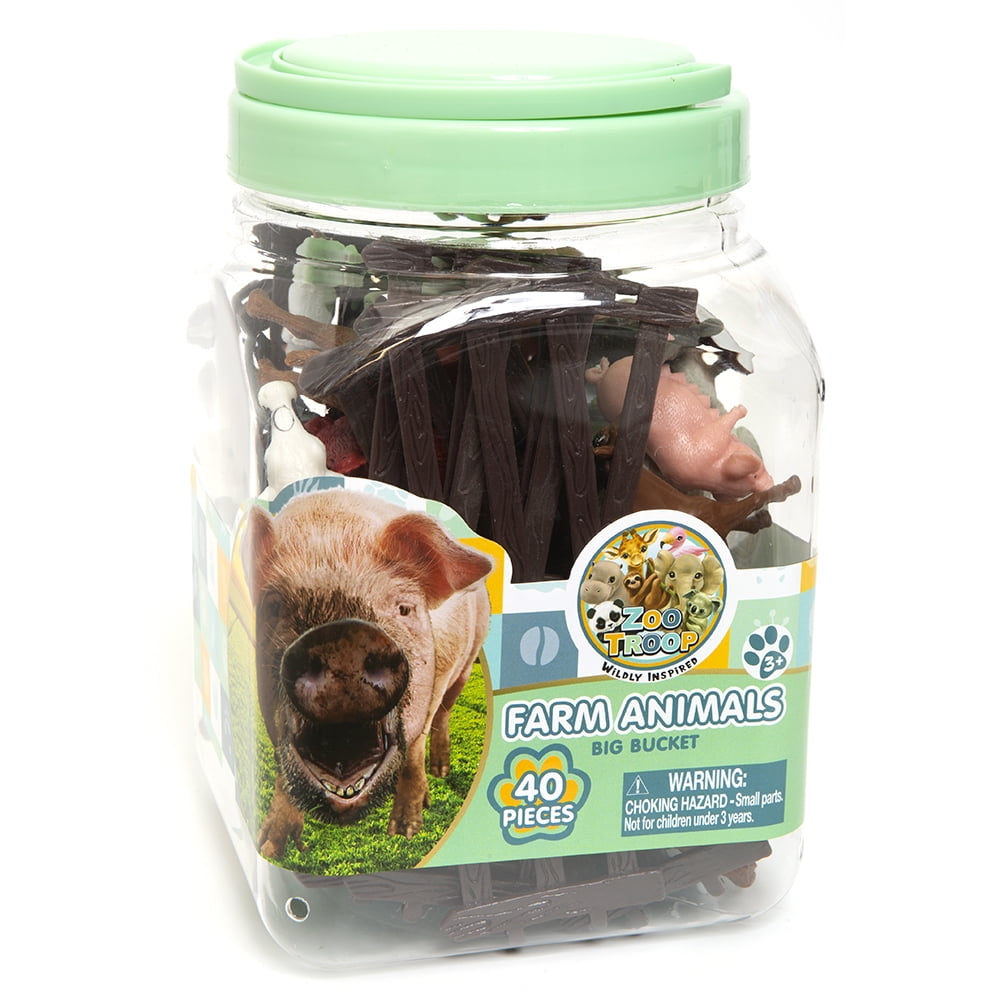 ZOO TROOP Big Bucket of Farm Animals - 40 Pieces with Trees, Fences ...