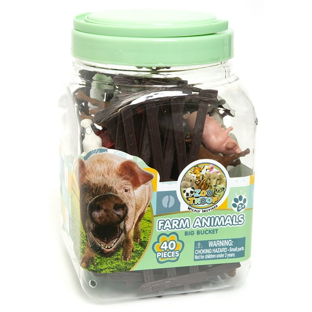 ZOO TROOP Big Bucket of Farm Animals - 40 Pieces with Trees, Fences ...