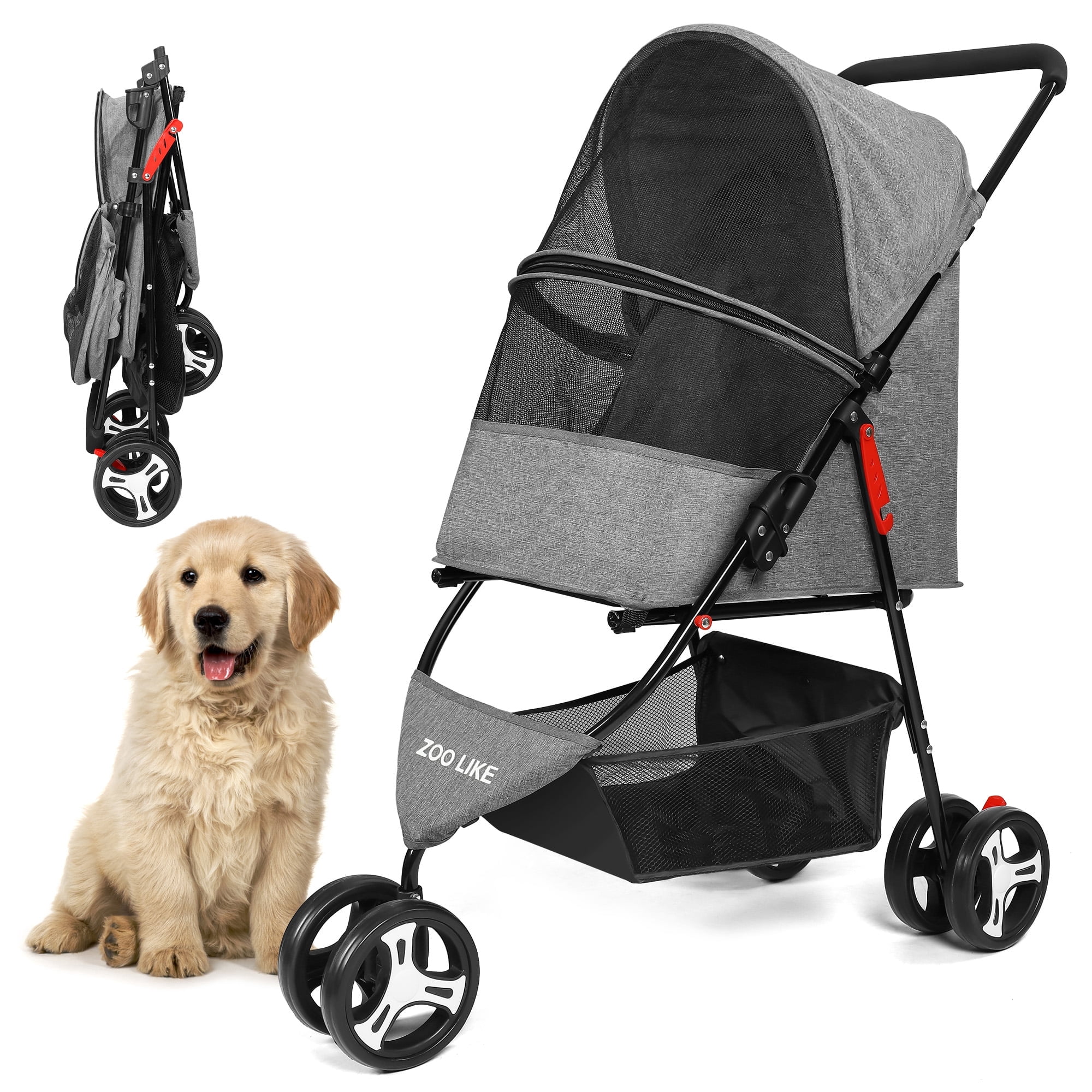 ZOOLIKE 3 Wheel Pet Stroller, Foldable Jogging Travel Carrier for Small ...