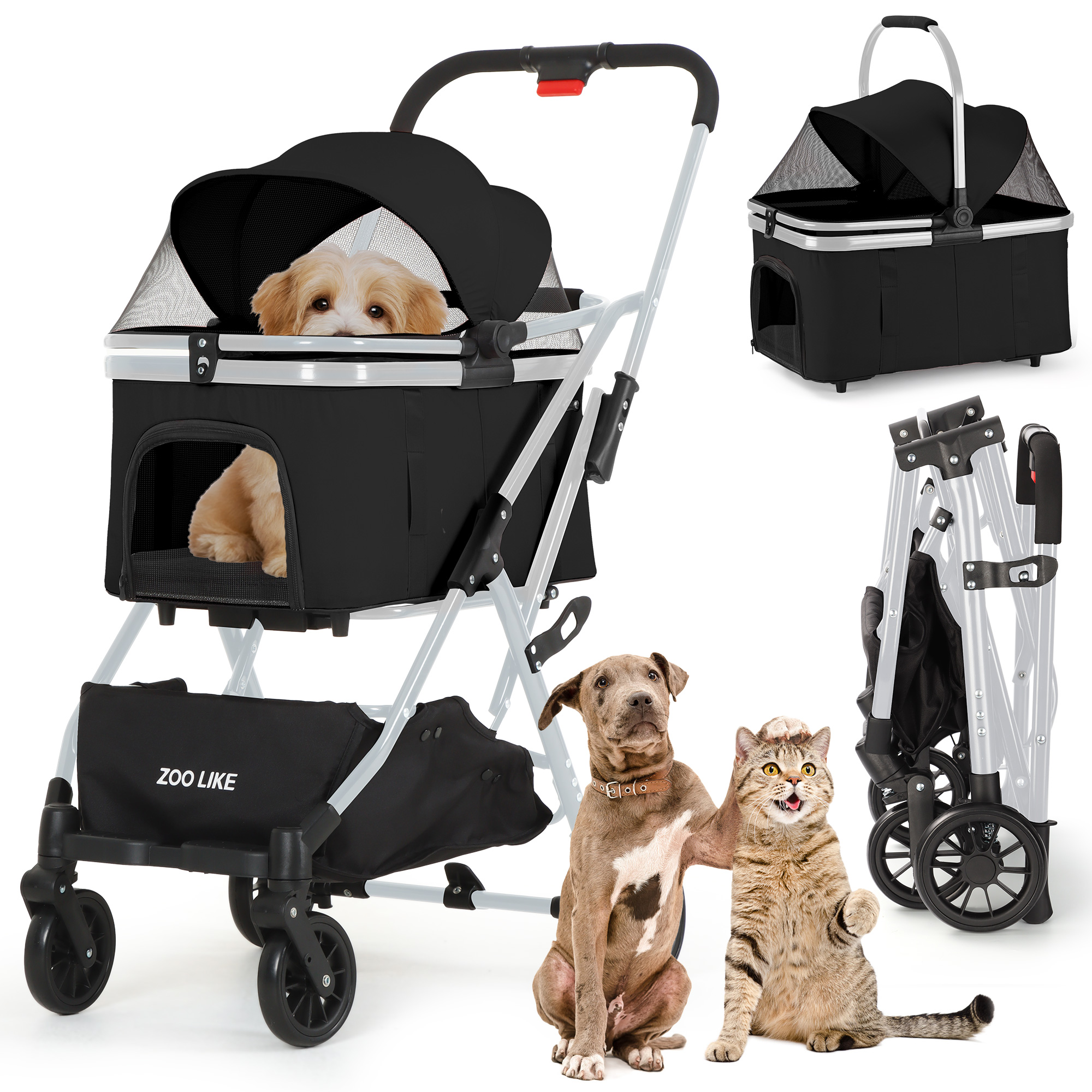 Gymax 4-in-1 Double Pet Stroller w/ Detachable Carrier Travel Carriage ...