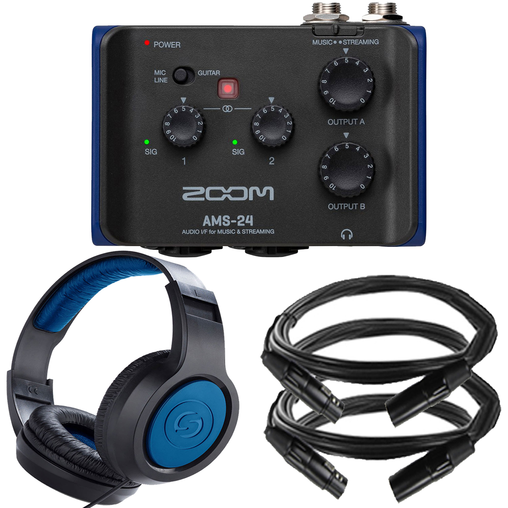 Zoom AMS-24 2x4 USB Audio Interface + Samson SR350 Stereo Headphones + 2x 8mm XLR Microphone ...