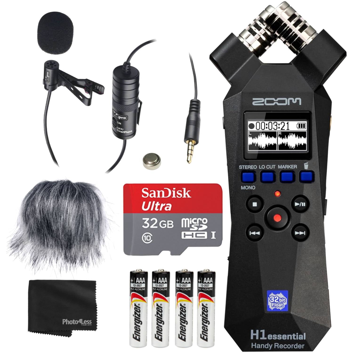Zoom H1essential Handy Recorder Bundle with Professional Lavalier Condenser Microphone, 32GB ...