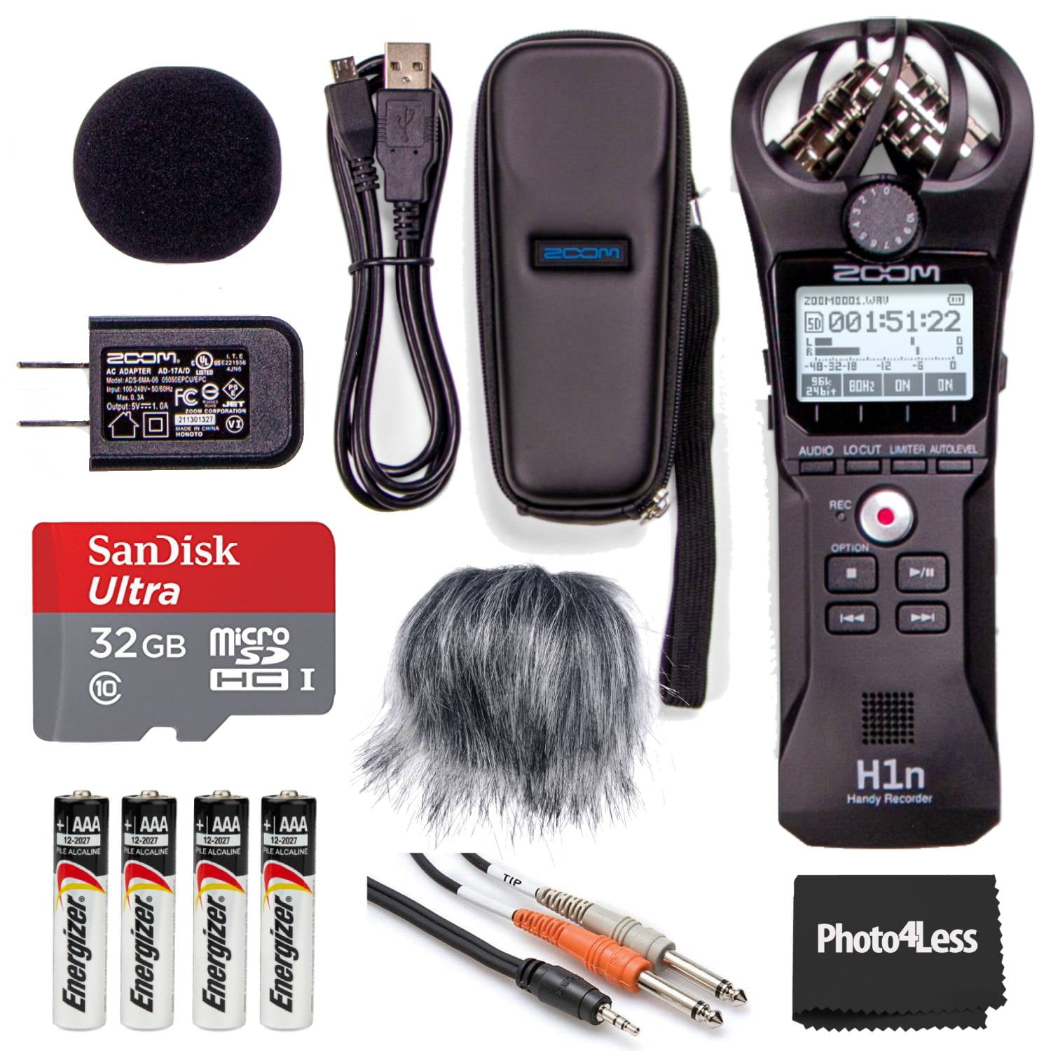 Zoom H1n-VP Portable Digital Recorder Value Pack Black + 4 AAA Alkaline Batteries + 32GB ...