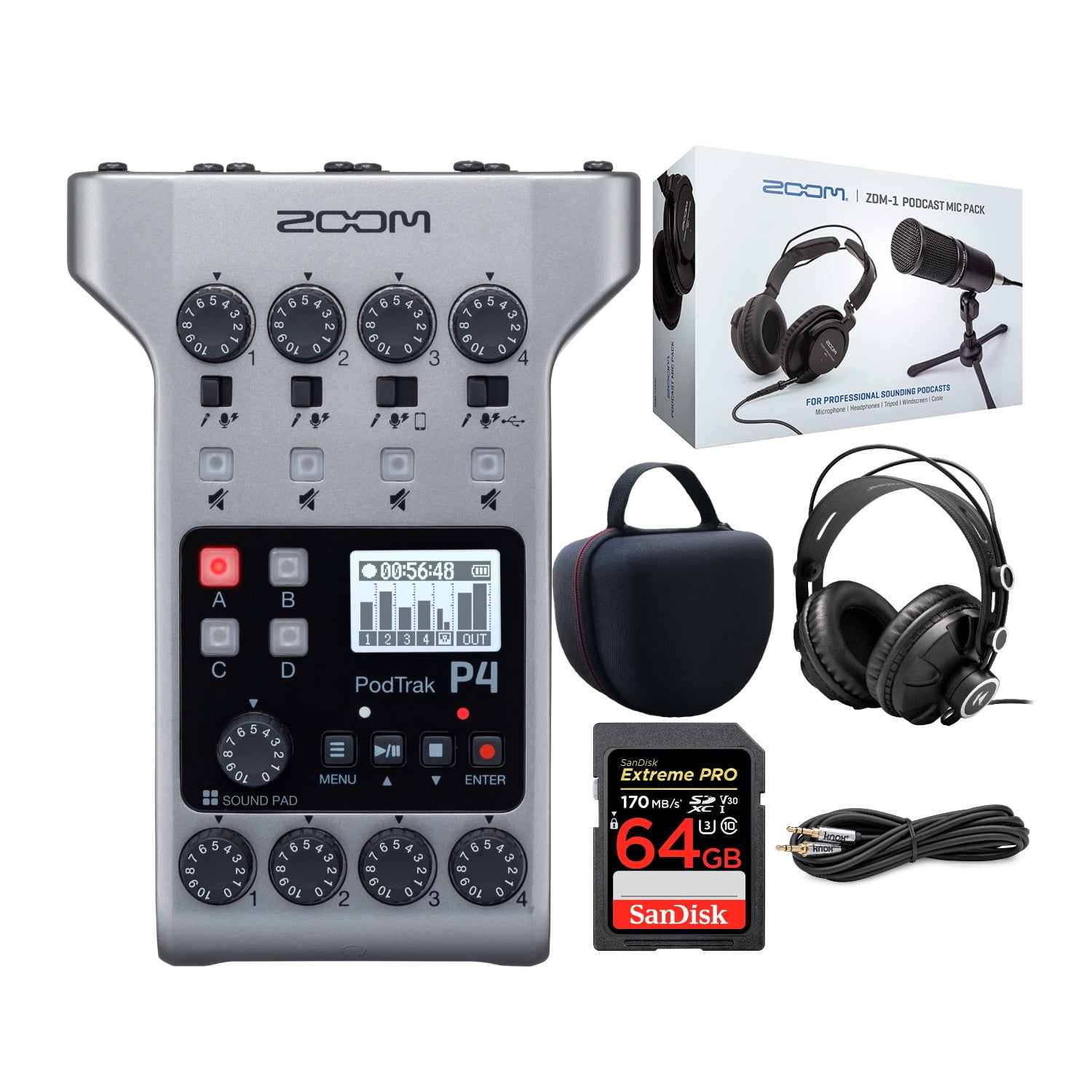 Zoom PodTrak P4 Recorder with Knox Stereo Headphones and SD Card Bundle ...