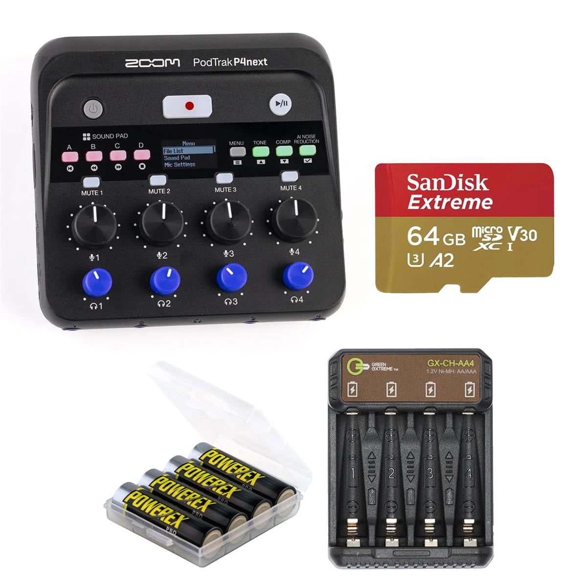 Zoom PodTrak P4next Podcast Recorder with GX-CH-AA4 4-Bay Charger for ...