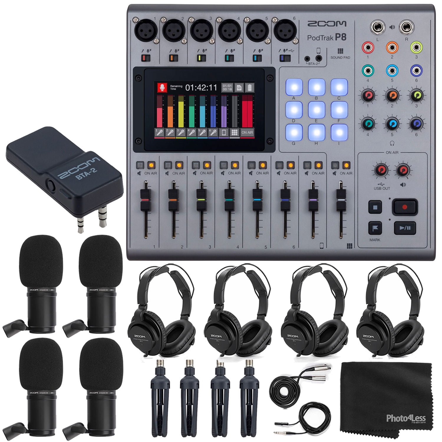 Zoom PodTrak P8 Multitrack Podcast Recorder + 4x Zoom ZDM-1 Podcast Mic ...