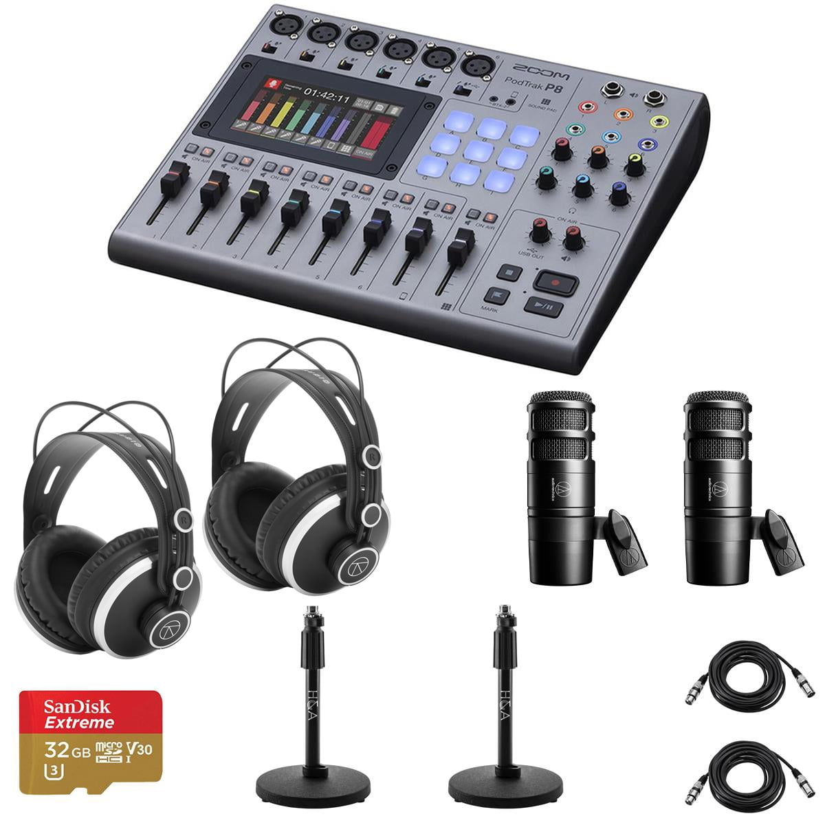 Zoom PodTrak P8 Podcast Recorder Bundle with 2x Audio-Technica AT2040 ...