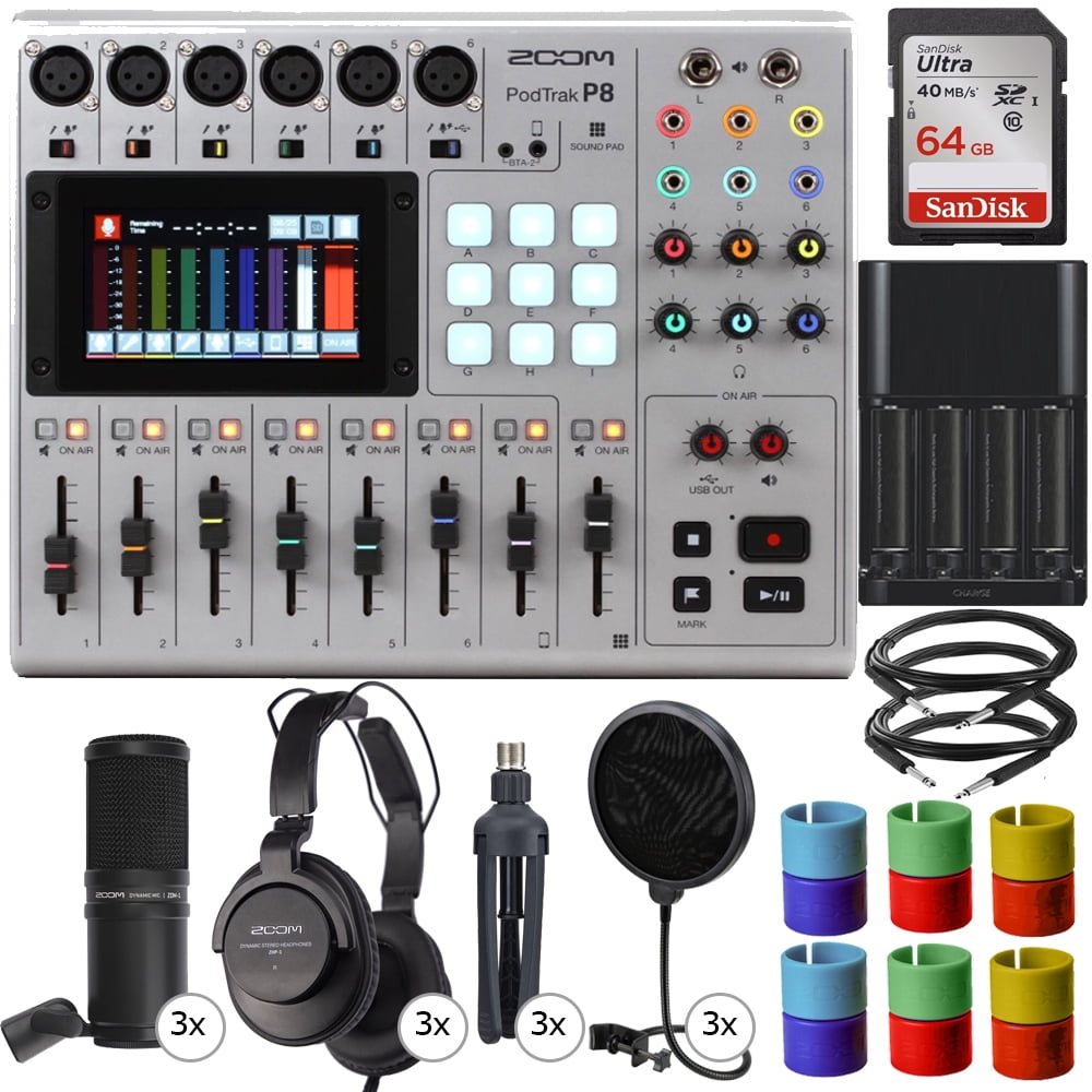 Zoom PodTrak P8 Portable Multitrack Podcast Recorder + 3x Zoom ZDM-1 ...