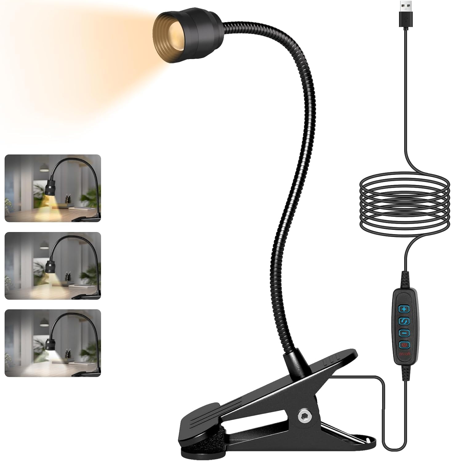 Zoomable Clip on Light USB 3 Color Modes & 10 Brightness Desk Lamp with ...