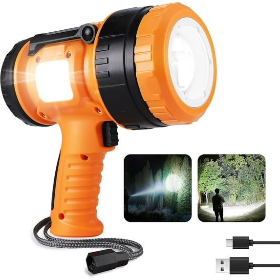 Zoomable Rechargeable Spotlight with Foldable Stand, Handheld LED Spotlight Flashlight with 5 ...