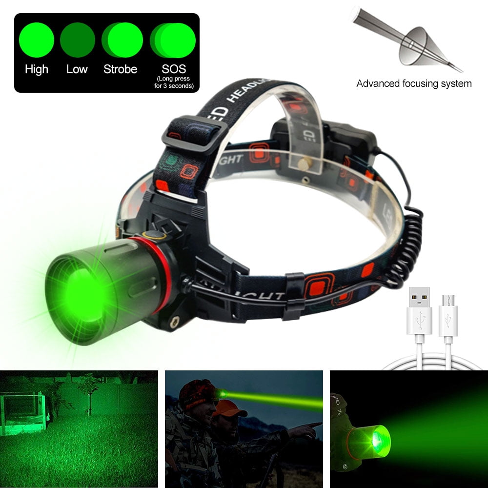 Zoomable Red/Green Light Hunting Headlamp 4 Modes Usb Charger Powered ...