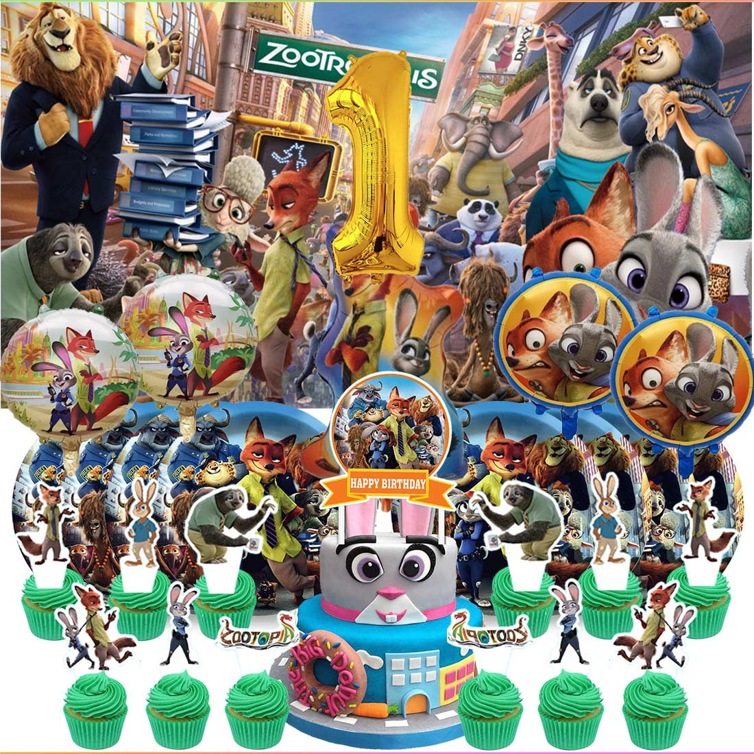 Zootopia 1st Tableware Balloons Cake Toppers Backdrop Banner Supplies ...