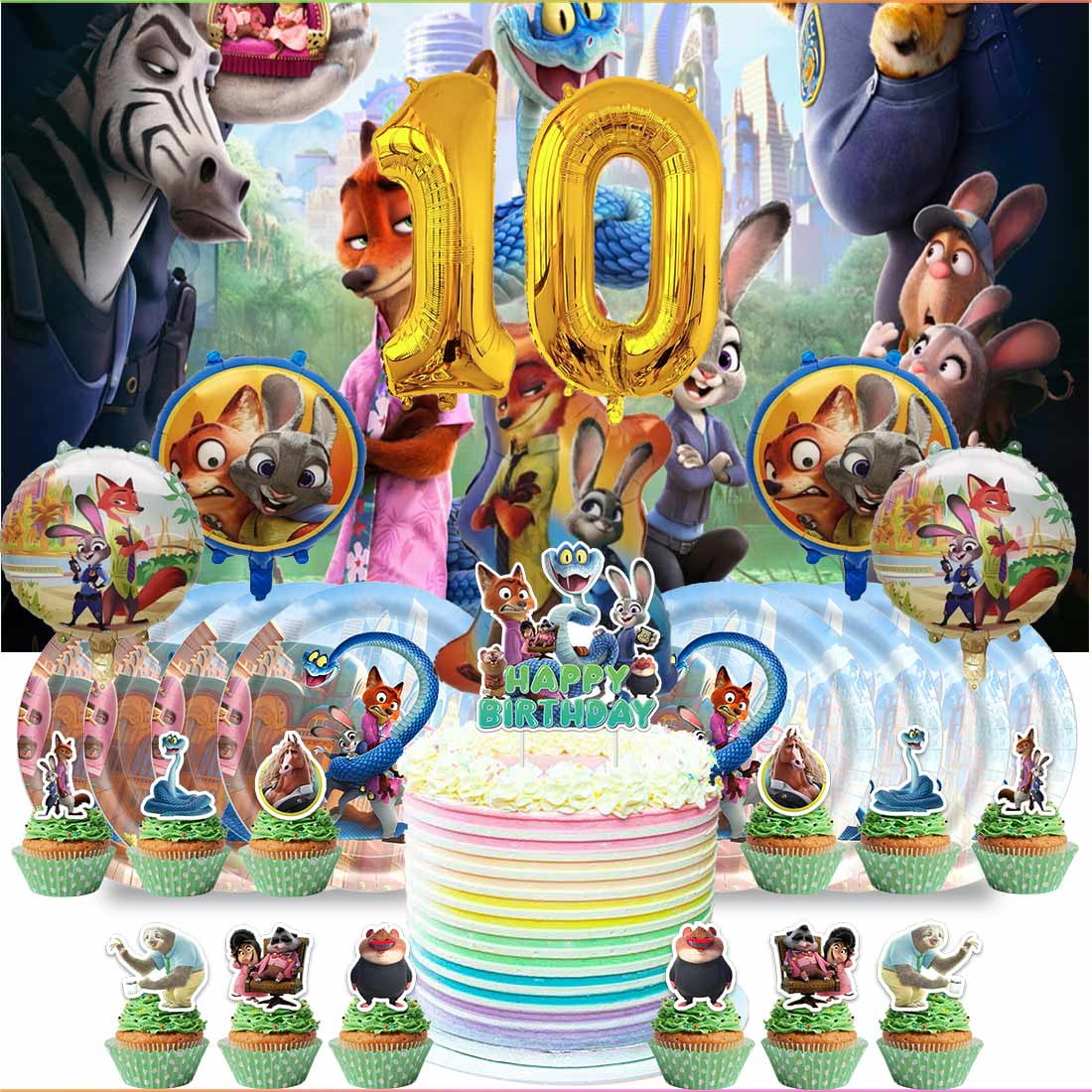 Zootopia 2 Zootropolis 10th Tableware Balloons Cake Toppers Backdrop ...