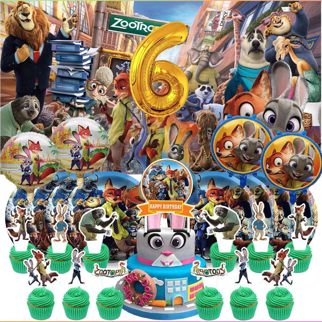 Zootopia 6th Tableware Balloons Cake Toppers Backdrop Banner Supplies ...