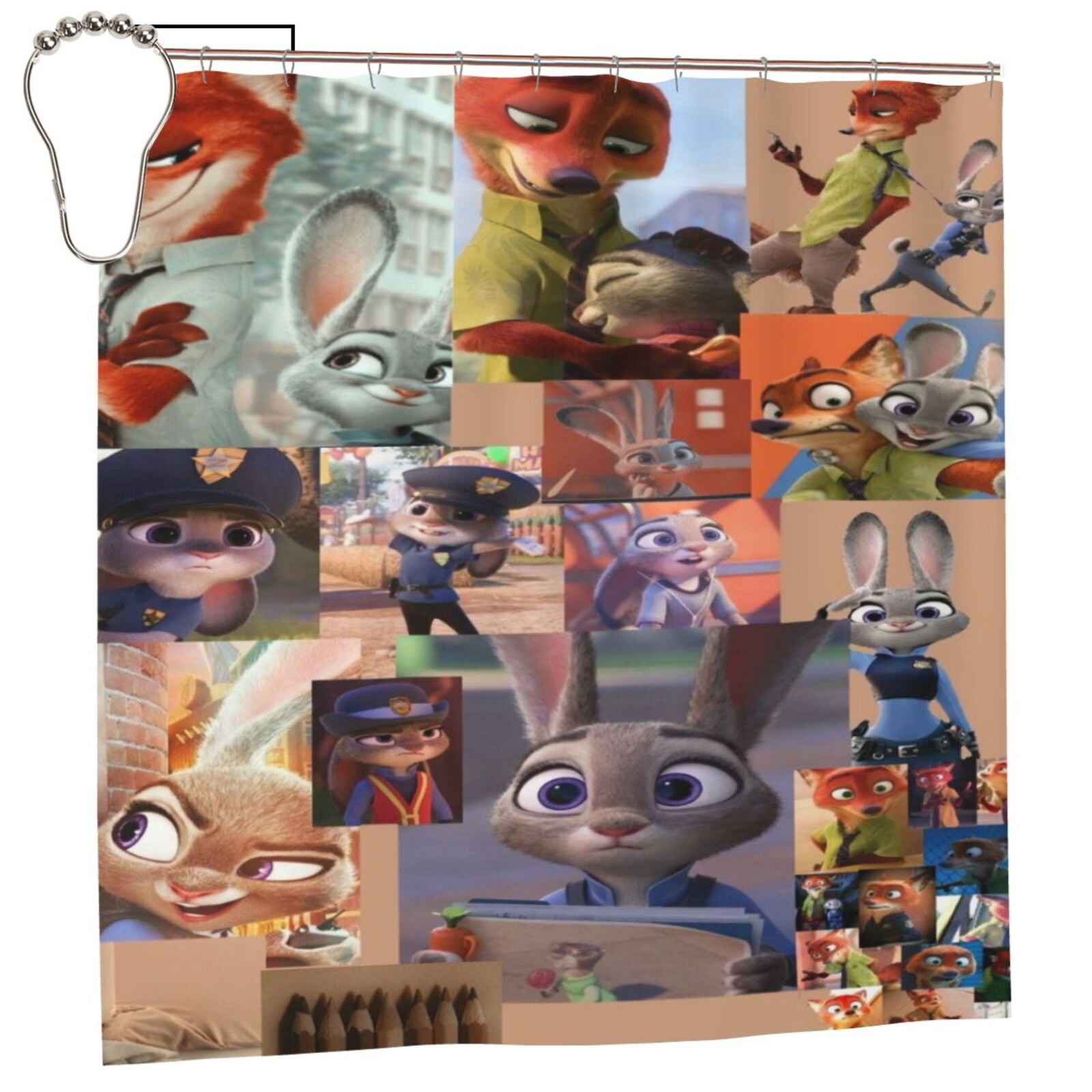 Zootopia Cartoon Shower Curtain 72" X 72" Anime Bathroom Decor With 12 ...