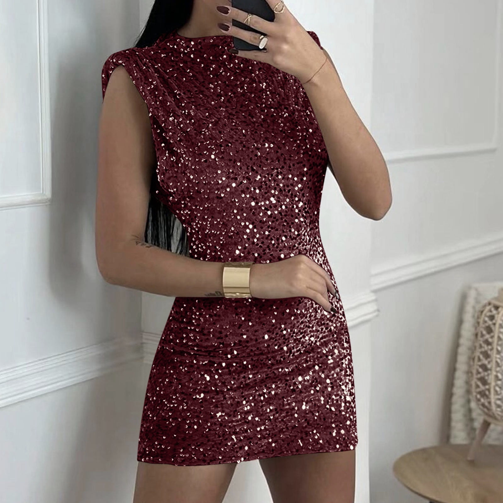 Zorckvet Cocktail Mini Dresses for Women Crewneck Sequin Solid Color ...