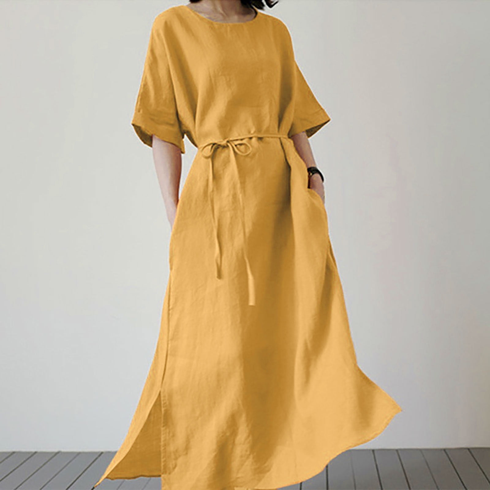 Zorckvet Linen Dresses for Women Round Neck with Pockets Long Casual ...