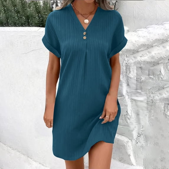 Zorckvet Womens Button Down Dresses Knee Length V Neck Summer Short ...