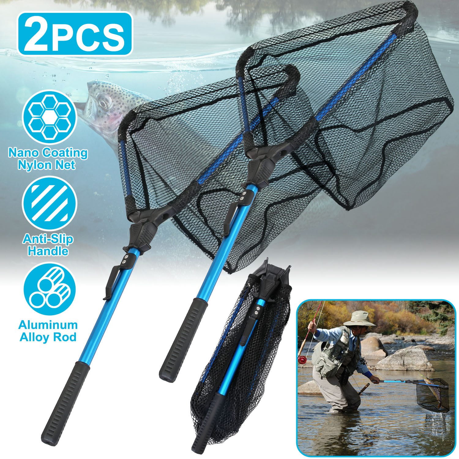 Zorpupoa 2Pc Foldable Fishing Net with Aluminum Alloy Rod EVA Handle ...