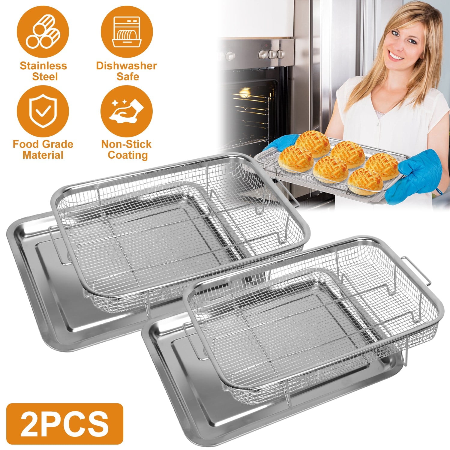 Zorpupoa 2Set Non-Stick Air Fryer Basket Tray, Stainless Steel Oven Pan ...