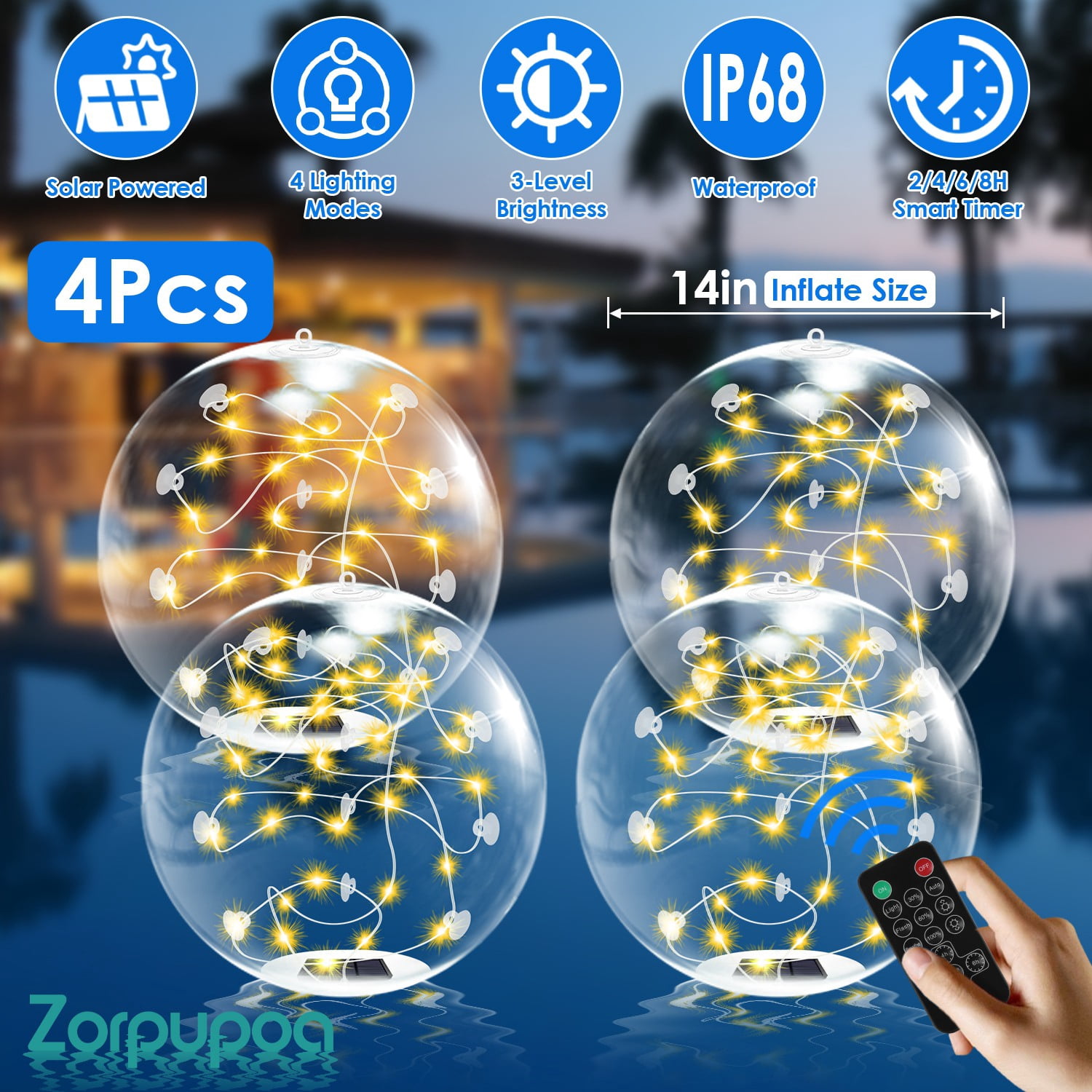 Zorpupoa 4Pc Floating Pool Lights 14in Solar Powered Pool Balls IP68 ...