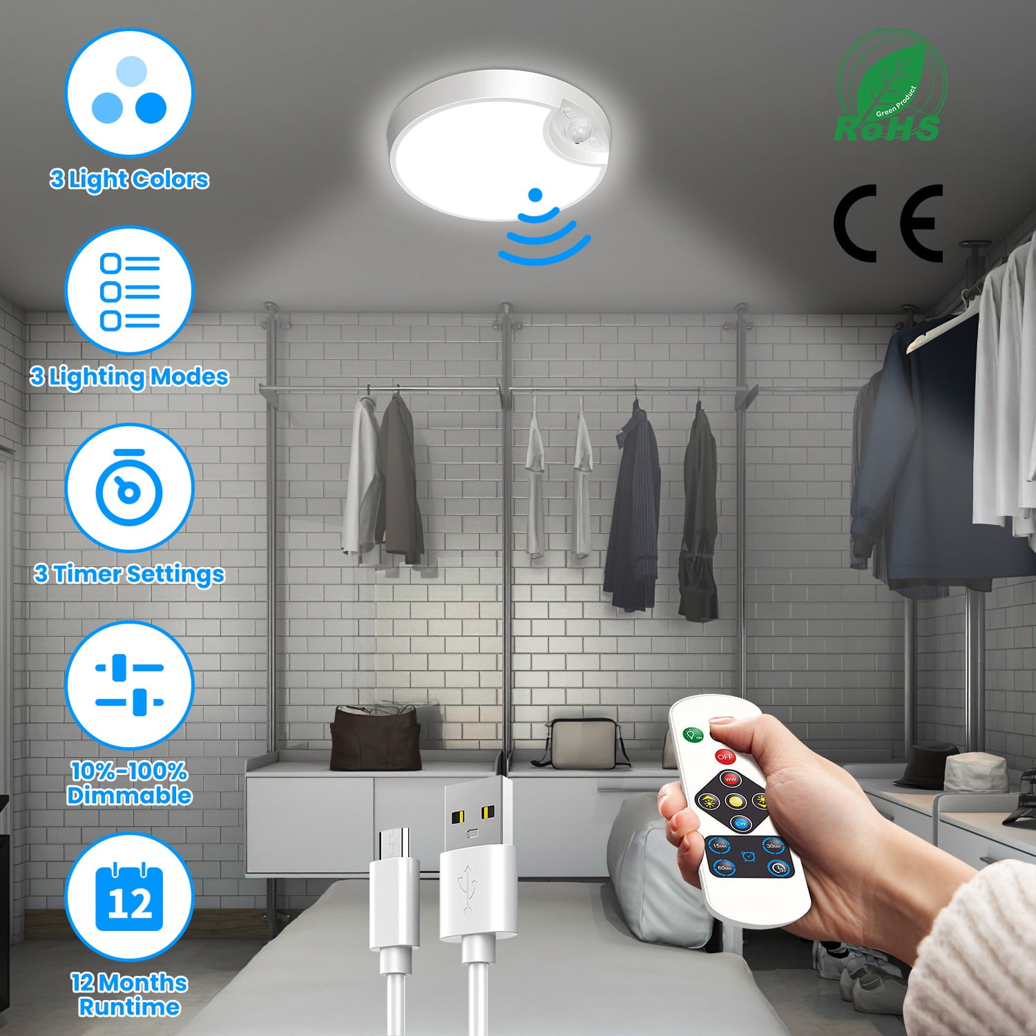 Zorpupoa Wireless LED Ceiling Light, 6500K/4000K/3000K Rechargeable ...