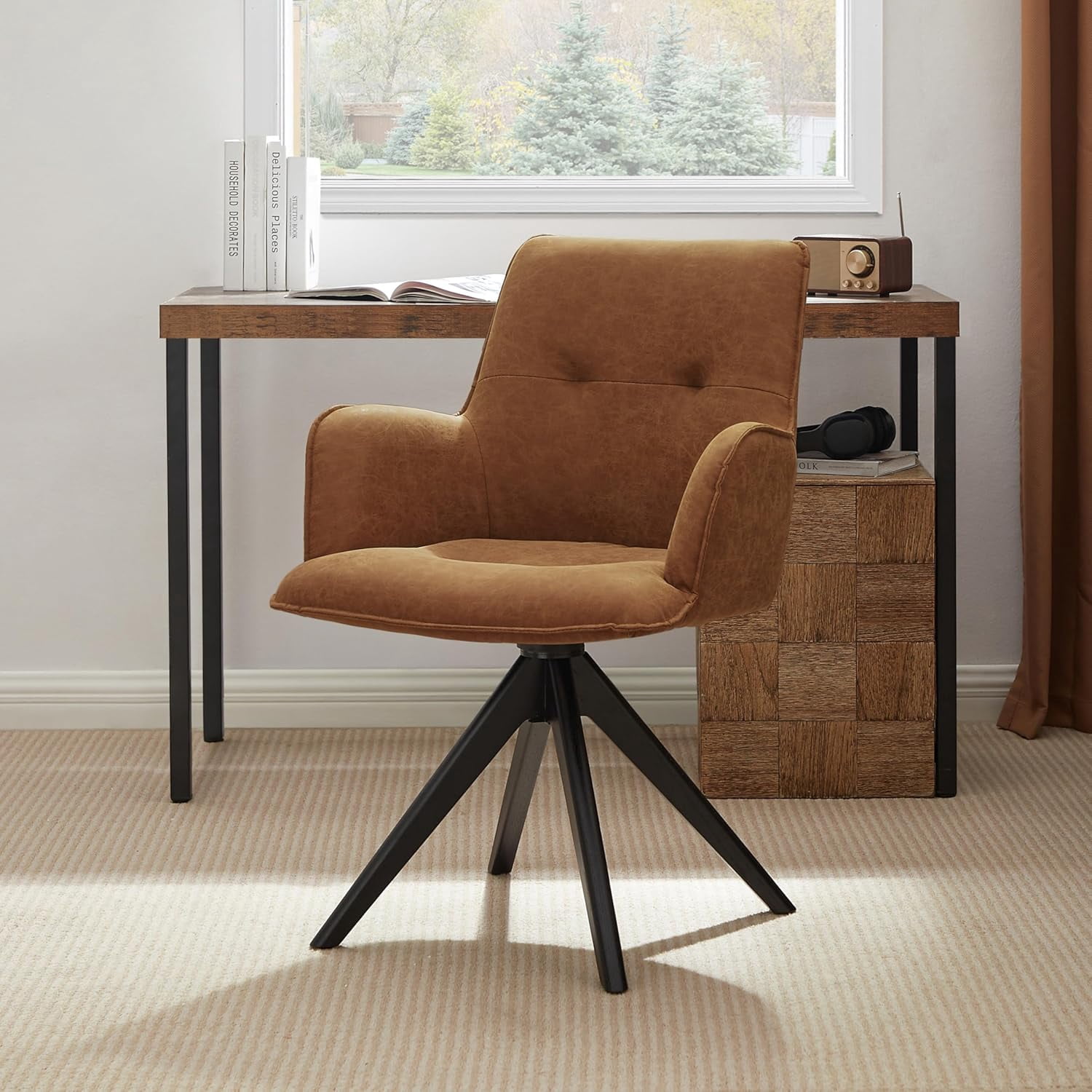 Zouron Swivel Desk Chair No Wheels, Upholstered Office Chair with Oak ...