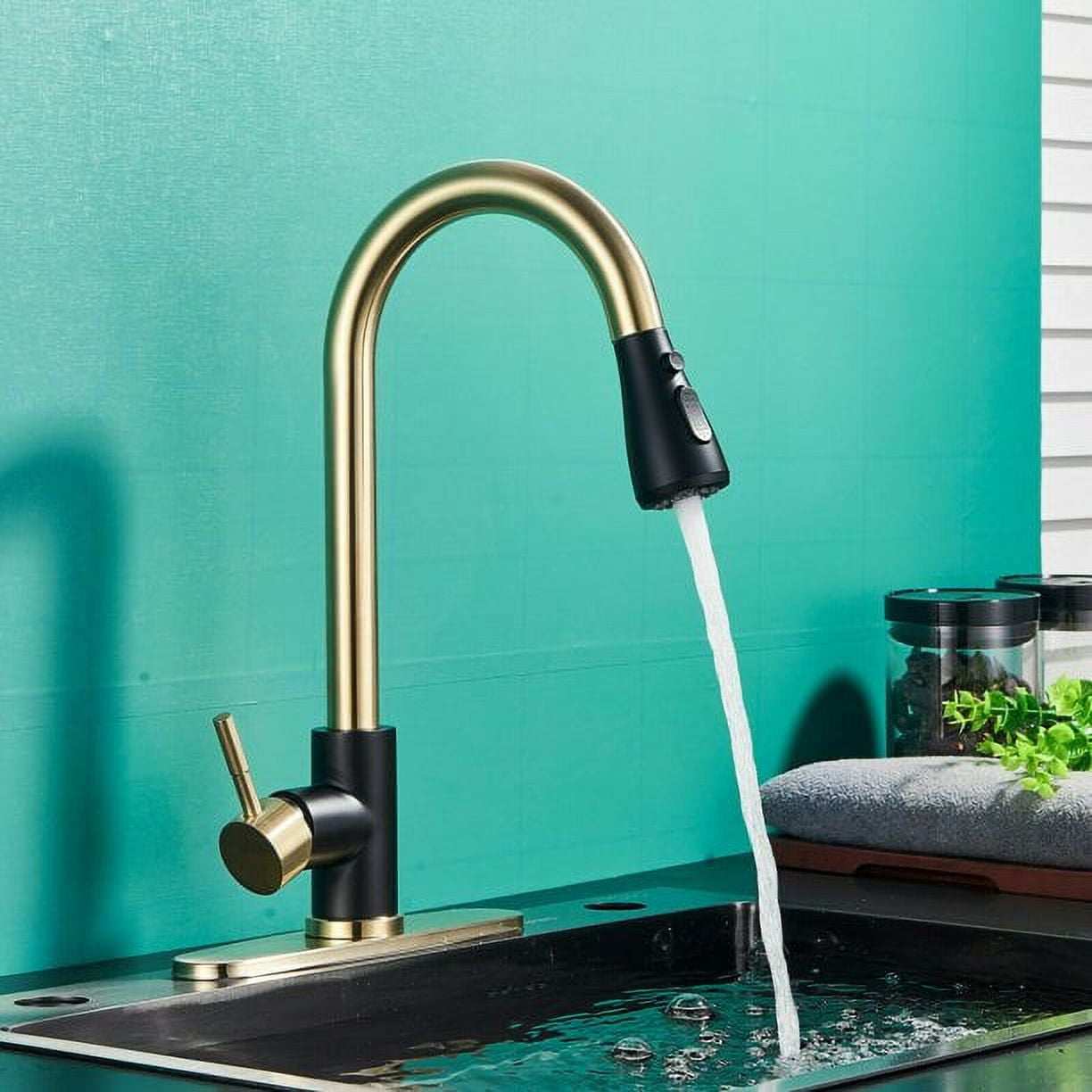 Zovajonia Brushed Gold Pull Out Black Sprayer Kitchen Sink Faucet ...