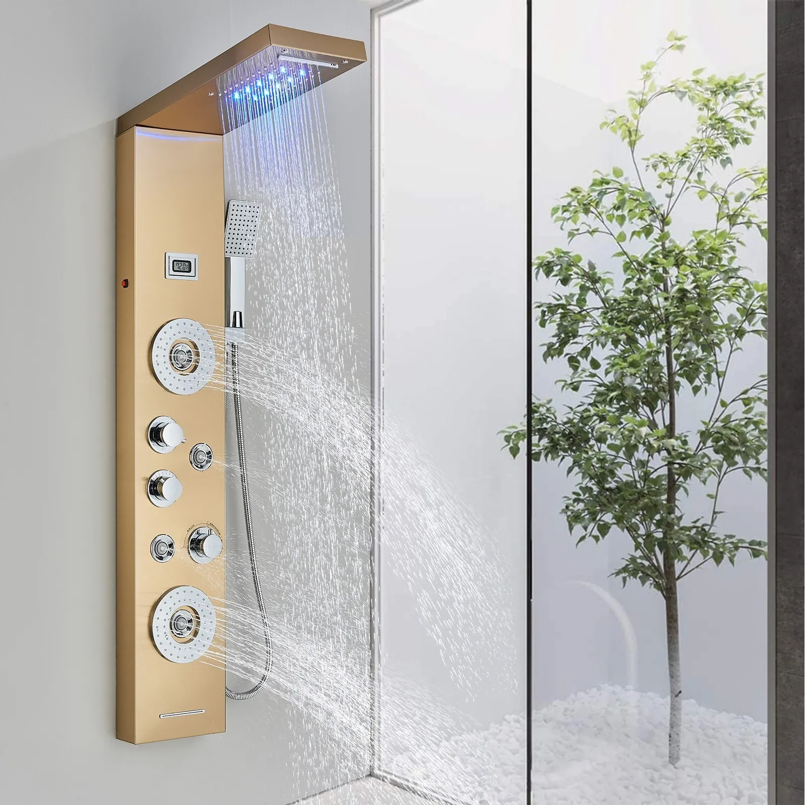 Zovajonia Brushed Gold Shower Panel Tower System LED Rainfall Massage ...